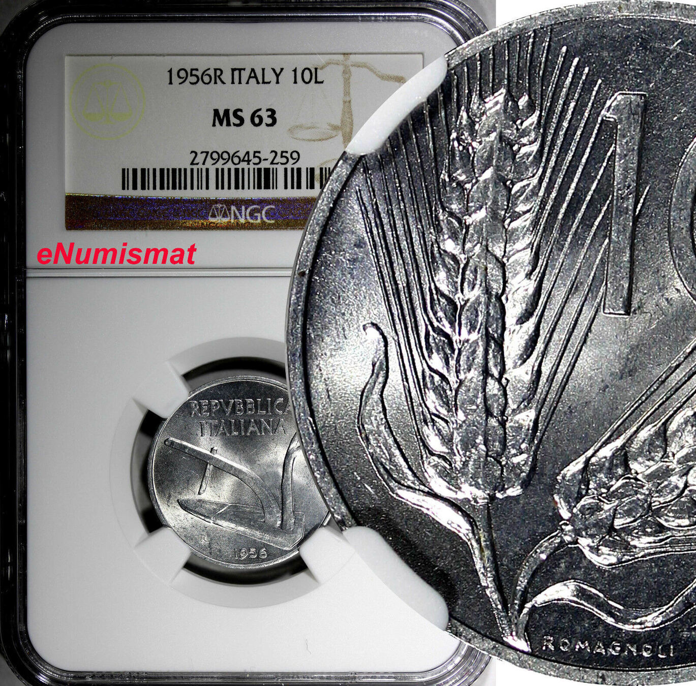 10 Lire Italy Aluminum 1956 R NGC MS63 BETTER DATE KM# 93 (259) | MA-Shops