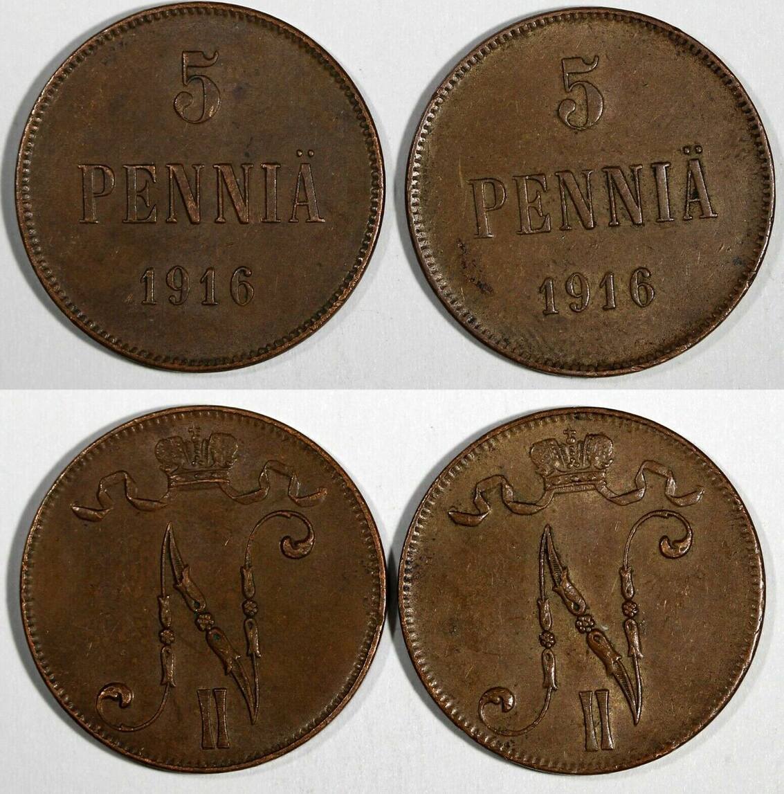 Finland Nicholas II Copper LOT OF 2 COINS 1916 5 Penniä KM# 15 (19 729 ...