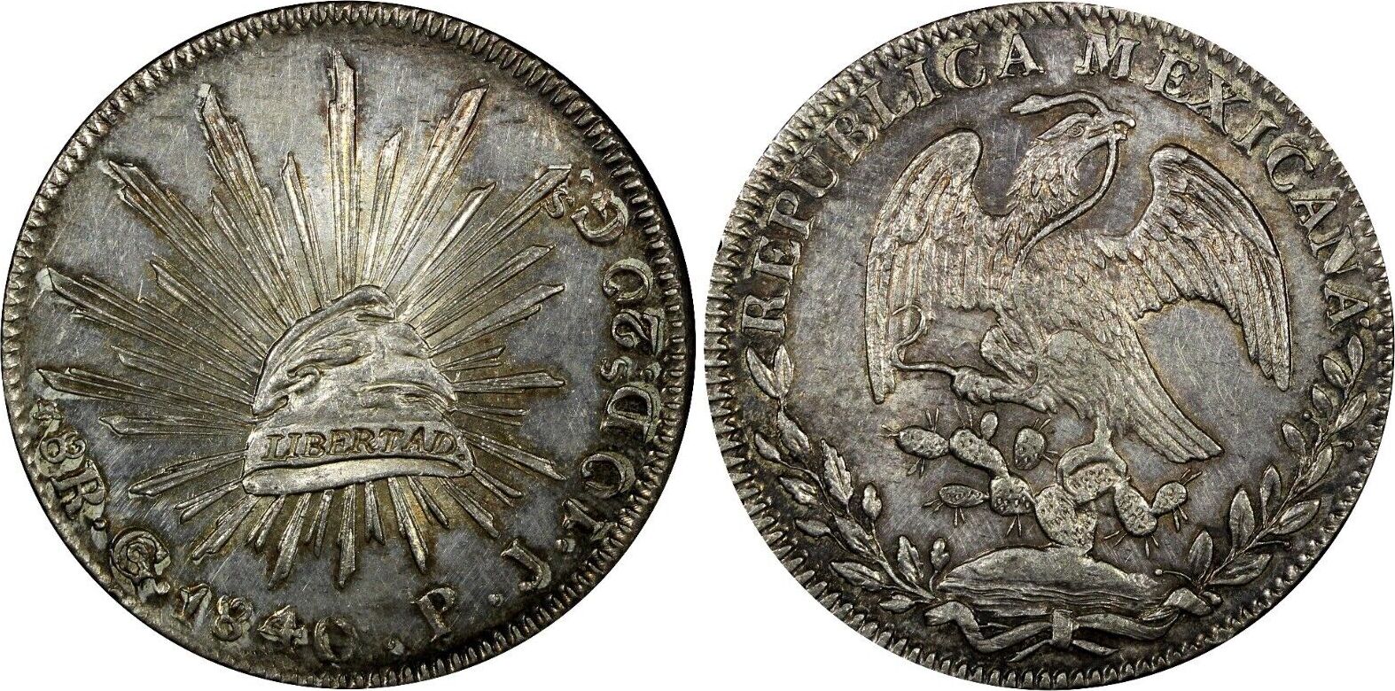 8 Reales MEXICO Silver 1840 Go PJ Guanajuato Mint ch.UNC Toned KM# 377. ...