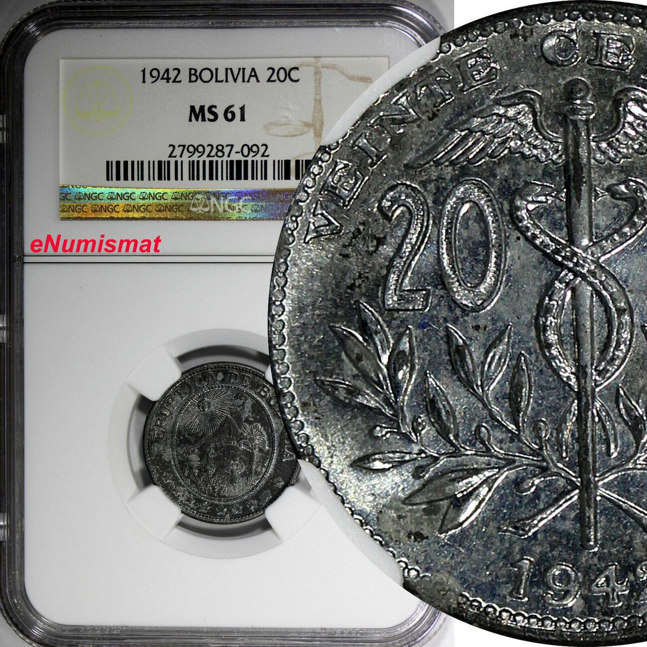20 Centavos Bolivia Zinc 1942 NGC MS61 One Year Type Luster WWII KM# 183 (092) | MA-Shops