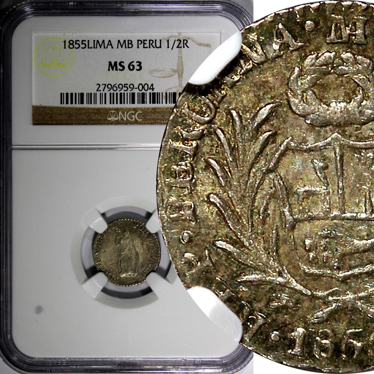 1/2 Real Peru Silver 1855 LIMA MB NGC MS63 Nice Light Toned KM# 144.7 (004) | MA-Shops