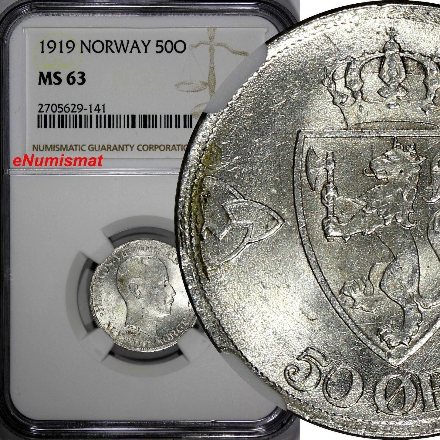 50 Øre Norway Haakon VII Silver 1919 NGC MS63 LAST YEAR .HIGH GRADED KM# 374 (1) | MA-Shops