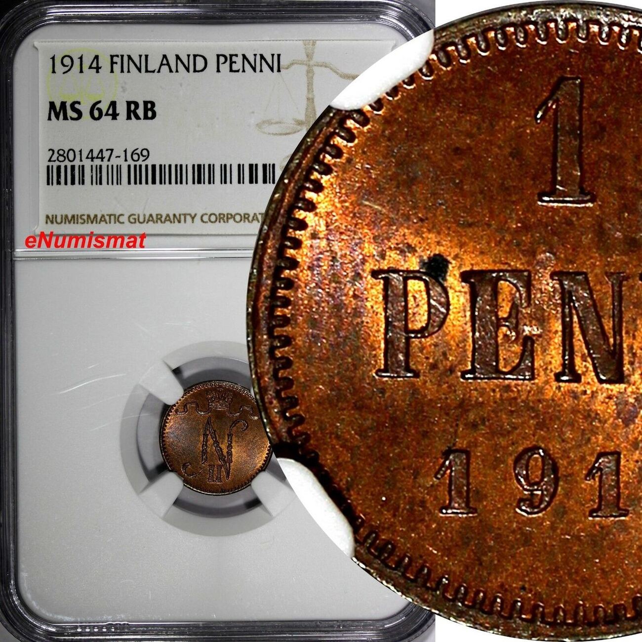 1 Penni FINLAND Nicholas II Copper 1914 NGC MS64 RB KM# 13 (169) | MA-Shops