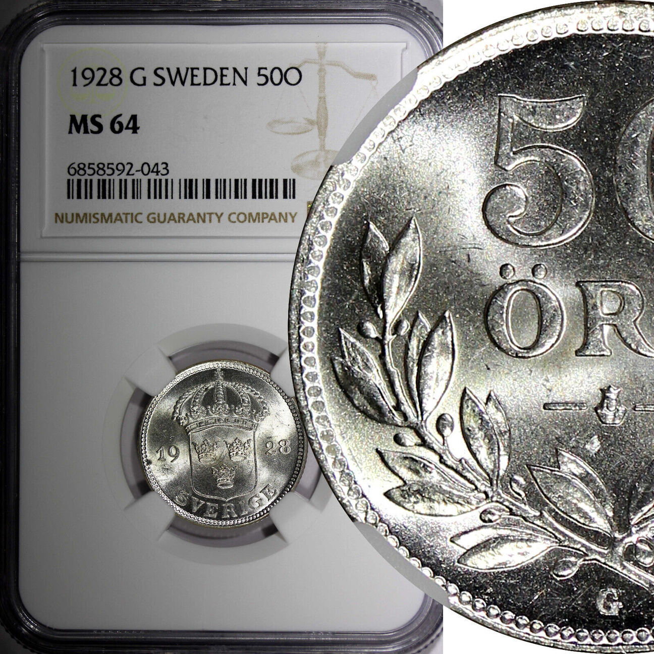SWEDEN Gustaf V Silver 1928 G 50 Ore NGC MS64 GEM BU COIN KM# 788 (43) | MA-Shops