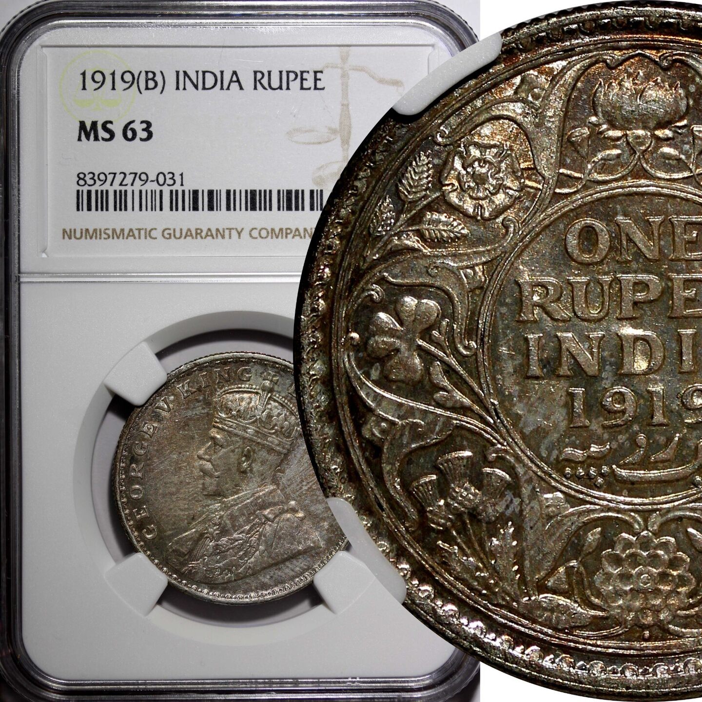 1 Rupee India-British George V Silver 1919 (B) NGC MS63 MINT LUSTER KM ...