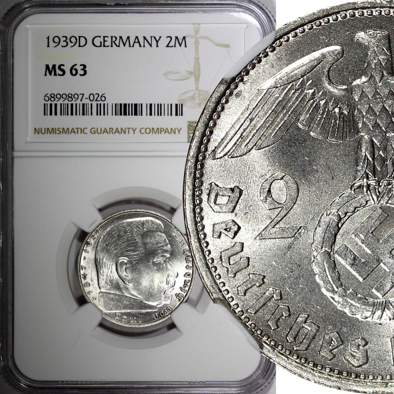 2 ReichsMark GERMANY-Third Reich Silver 1939 D NGC MS63 Hindenburg KM# 93 (026) | MA-Shops