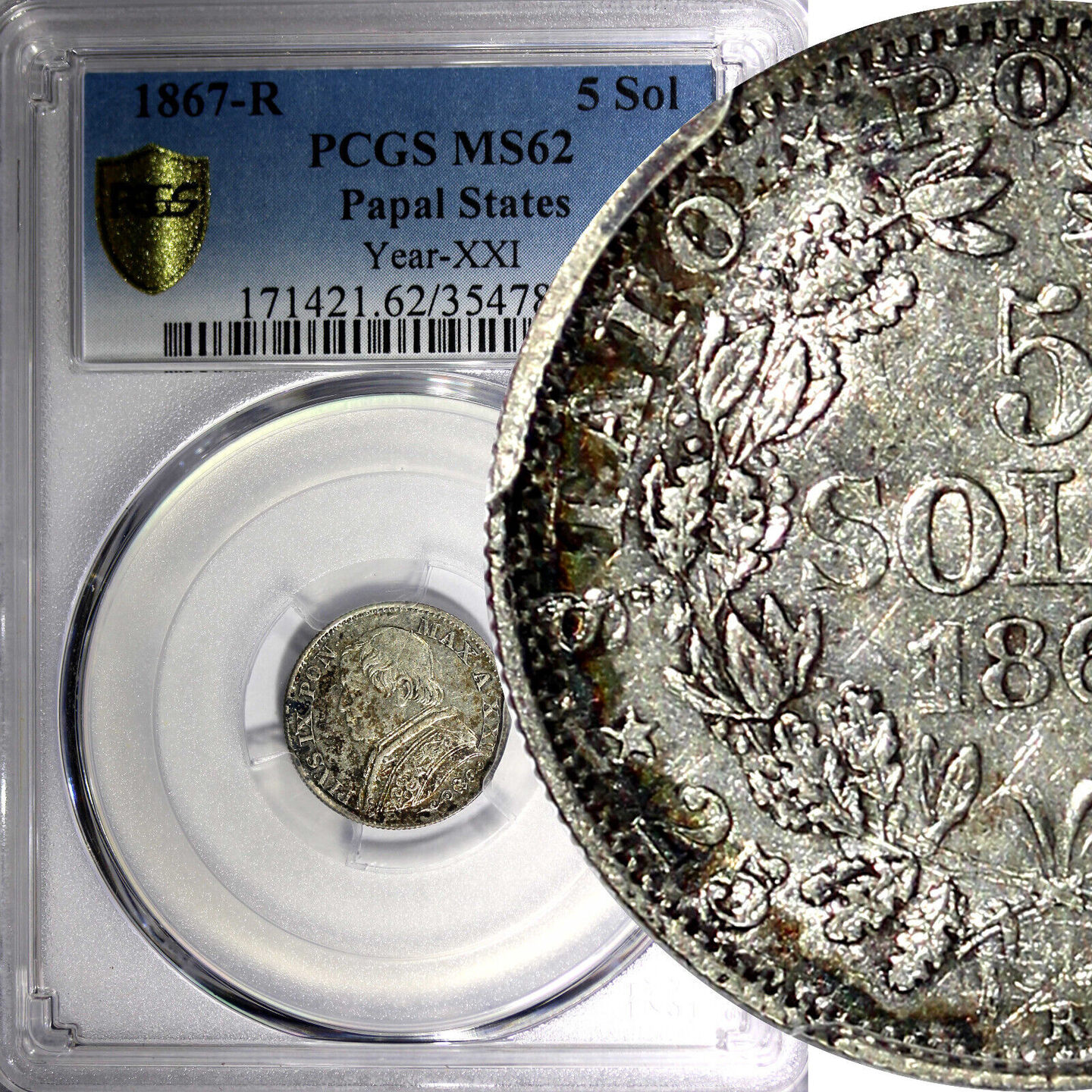 Italy 5 Soldi Italian States PAPAL STATES Pius IX Year XXI 1867-R PCGS ...