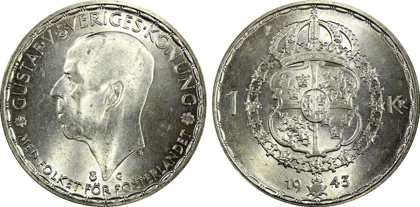 1 Krona Sweden Gustaf V Silver 1943 G Choice UNC 25mm KM# 814 (22 110) unz | MA-Shops