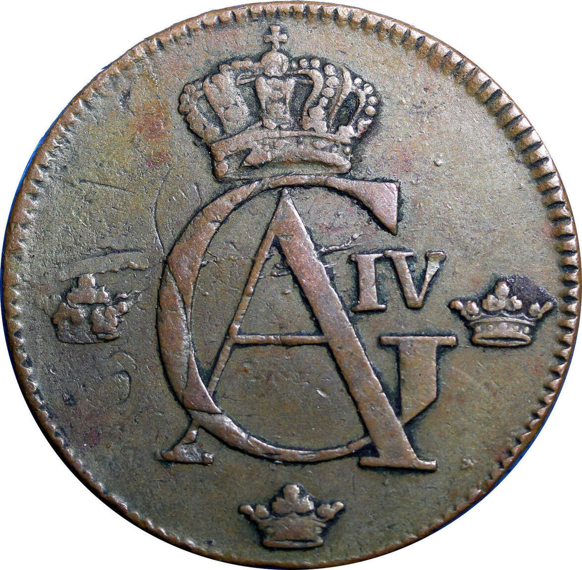 1 SKILLING SWEDEN COPPER 1802 OVERSTRUCK ON 2 ORE S.M. 1749 / FULL DATE ...