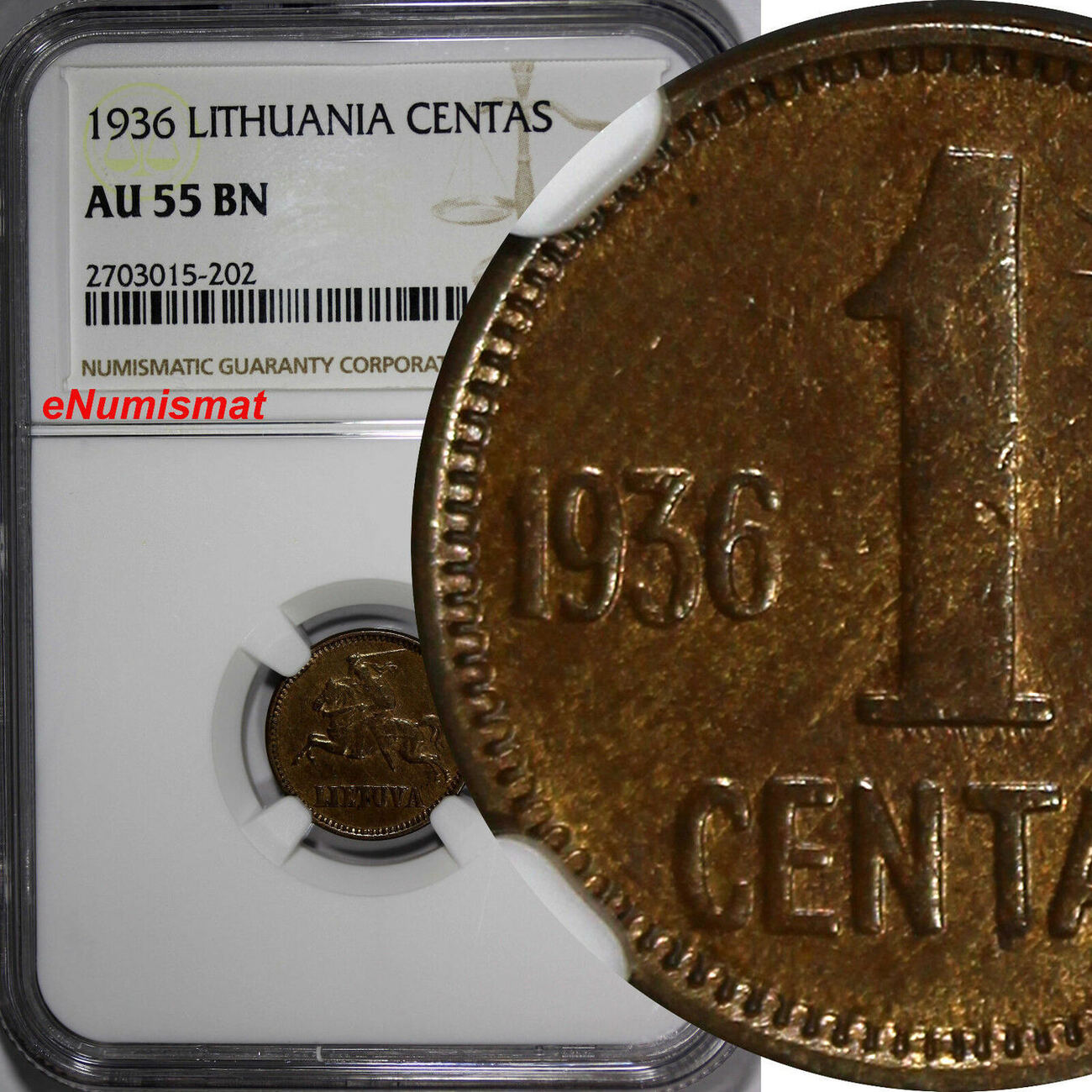 1 Centas Lithuania Bronze 1936 NGC AU55 BN 1 YEAR TYPE KM# 79 (202 ...