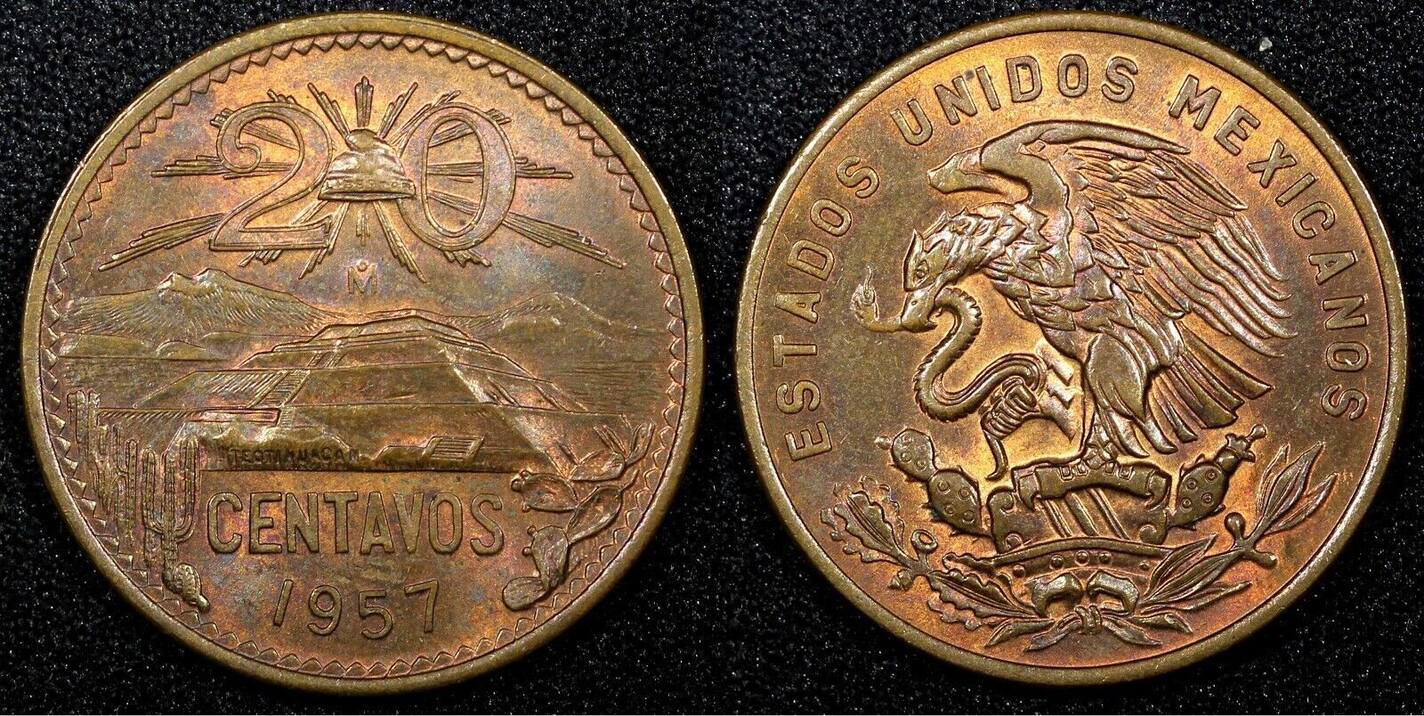 20 Centavos MEXICO Bronze 1957 Mo RED GEM BU KM# 440 (26 621) Uncertified | MA-Shops