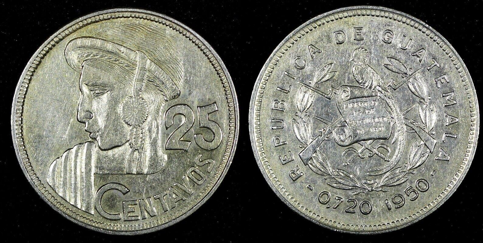 25 Centavos GUATEMALA Silver 1950 Mintage-80,691 BETTER DATE aUNC KM#258 (980) | MA-Shops