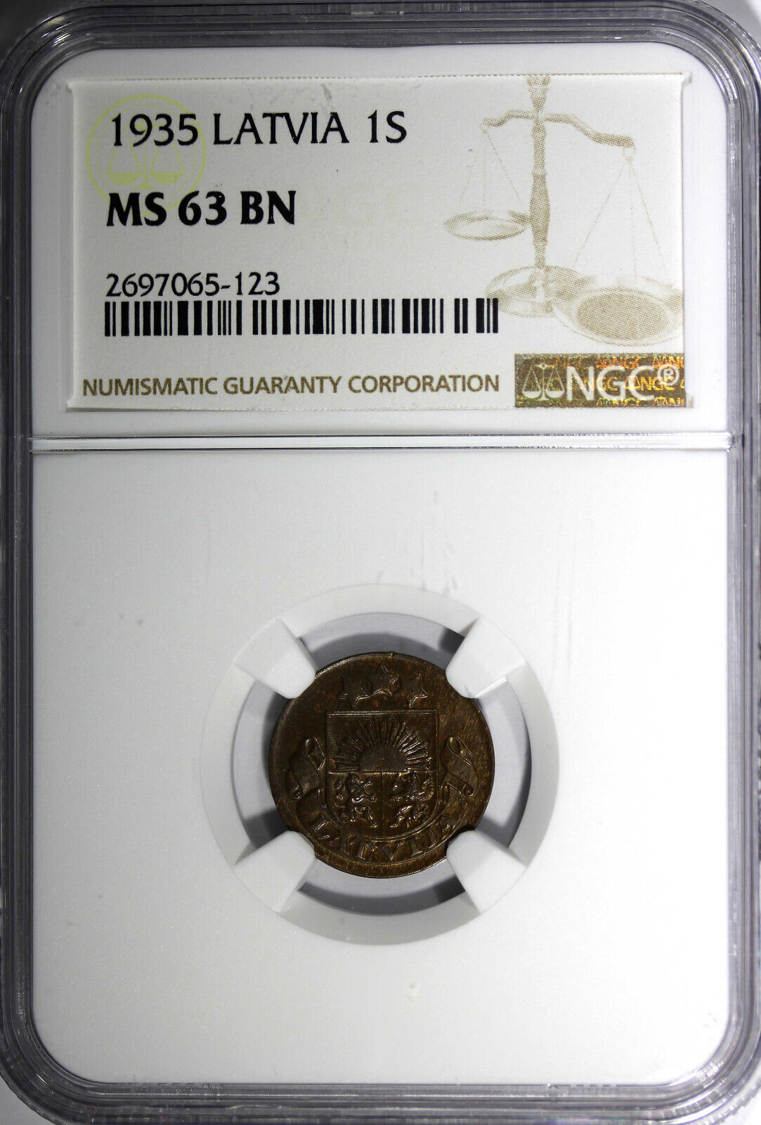 1 Santims Latvia Bronze 1935 NGC MS63 BN Struck at Switzerland.Last Date KM1(3) | MA-Shops