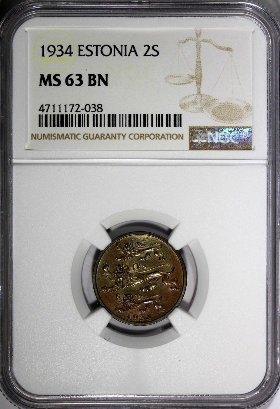 2 Senti ESTONIA Bronze 1934 NGC MS63 BN 1 YEAR TYPE KM# 15 (038) | MA-Shops