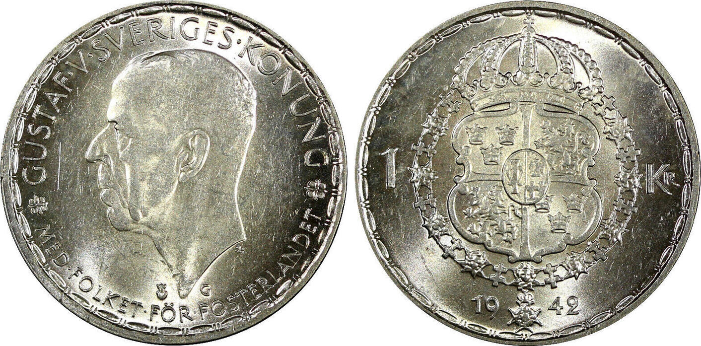 1 Krona Sweden Gustaf V Silver 1942 G UNC Light Toned 25mm KM# 814 (22 113) unz | MA-Shops