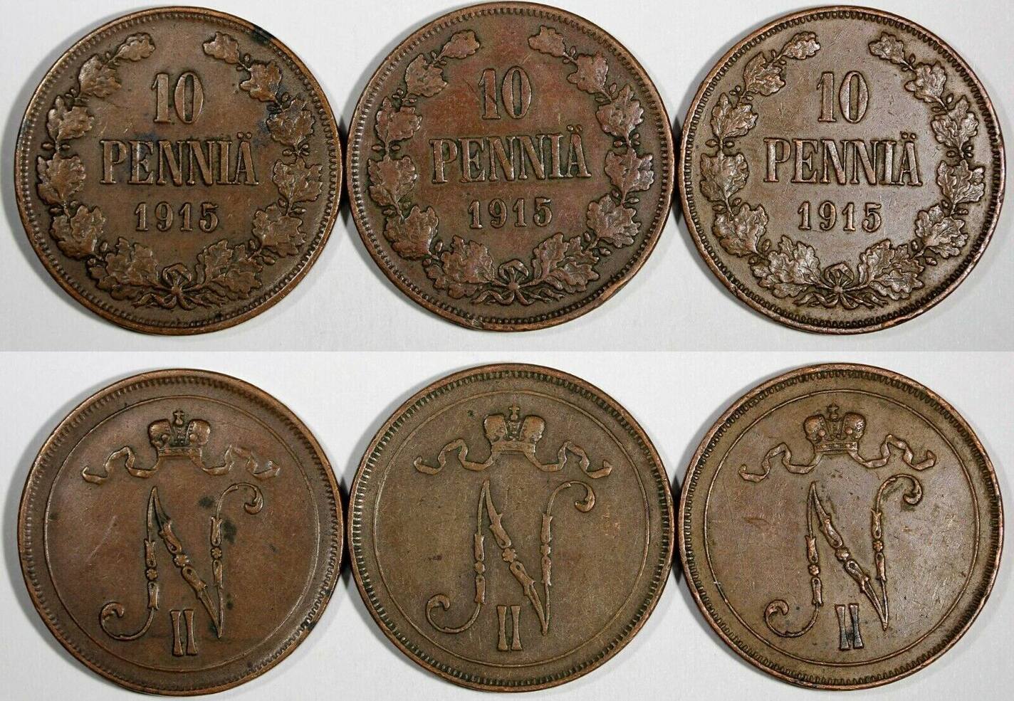Finland Nicholas II Copper LOT OF 3 COINS 1915 10 Penniä Mint-420,000 ...