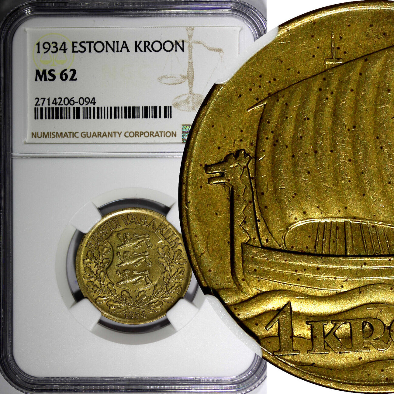 1 Kroon Estonia 1934 NGC MS62 ONE YEAR STRUCK Ship of Vikings KM# 16 ...