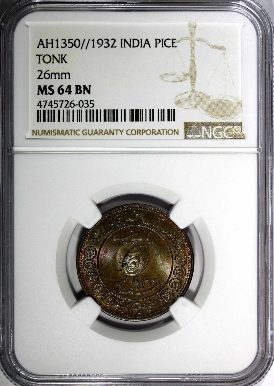 India-Princely States Copper AH1350 1932 TONK Pice NGC MS64 BN 26 mm KM ...