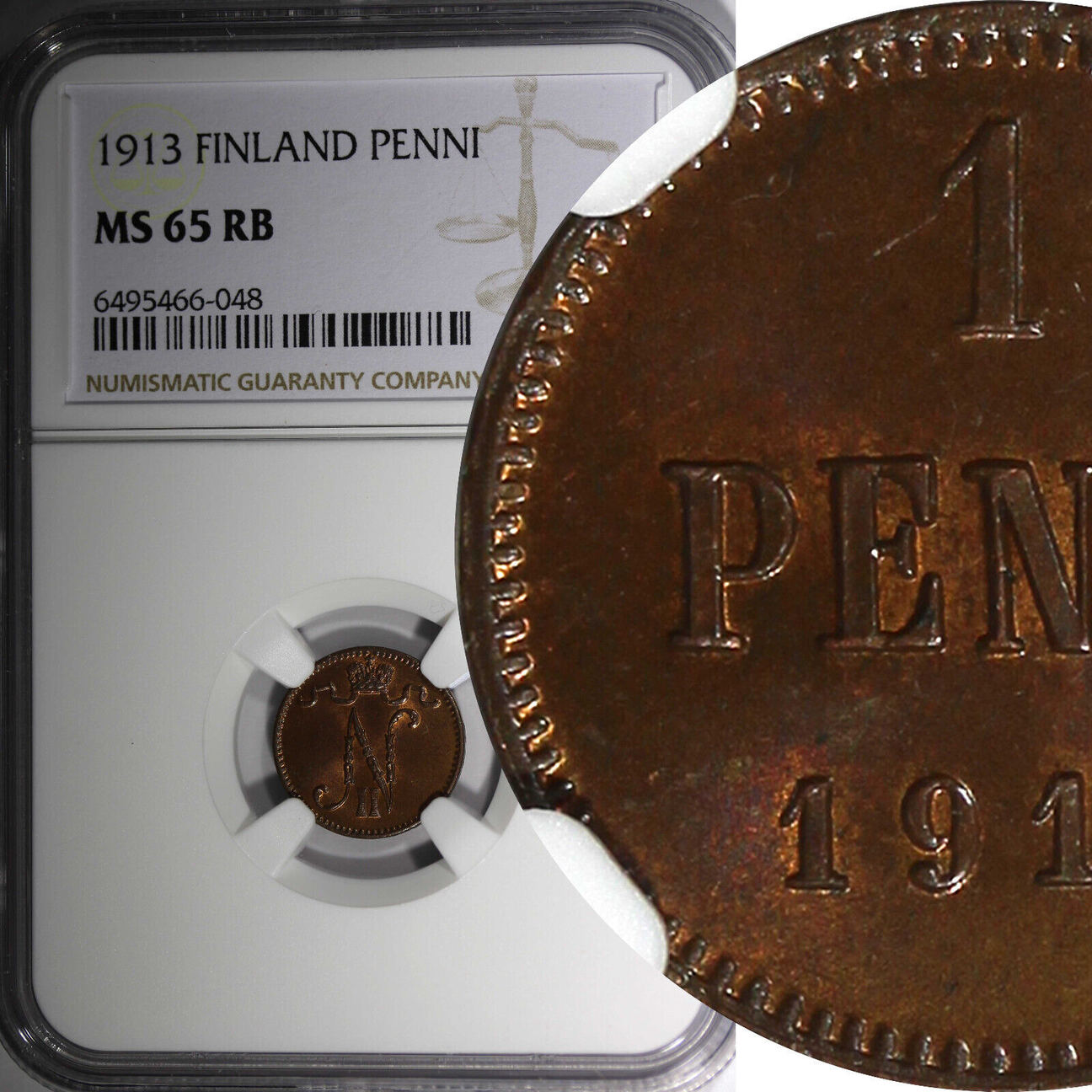1 Penni FINLAND Nicholas II Copper 1913 NGC MS65 RB KM# 13 (48) | MA-Shops