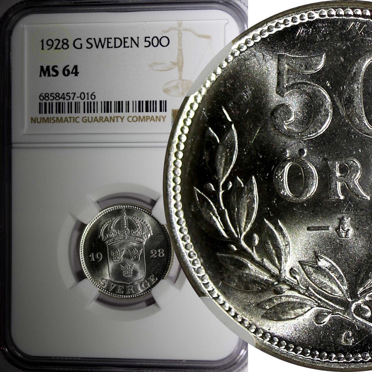 SWEDEN Gustaf V Silver 1928 G 50 Ore NGC MS64 GEM BU COIN KM# 788 (16) | MA-Shops