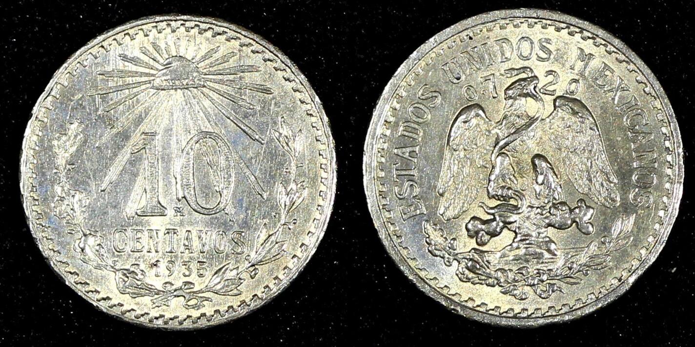 10 Centavos MEXICO Silver 1935 aUNC/UNC AR-0.720 Last Year Type KM# 431 (369) | MA-Shops