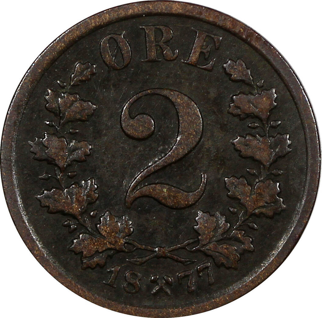 Bronze Norway Oscar II 1877 2 Ore Norwegian Lion BETTER DATE KM# 353 ...