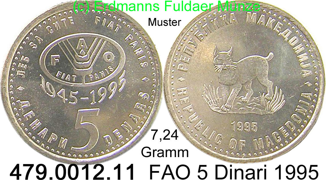 Mazedonien 5 Denari 1995 *7a KM7a FAO 7,24 Gramm. 479.0012.11 unc | MA ...