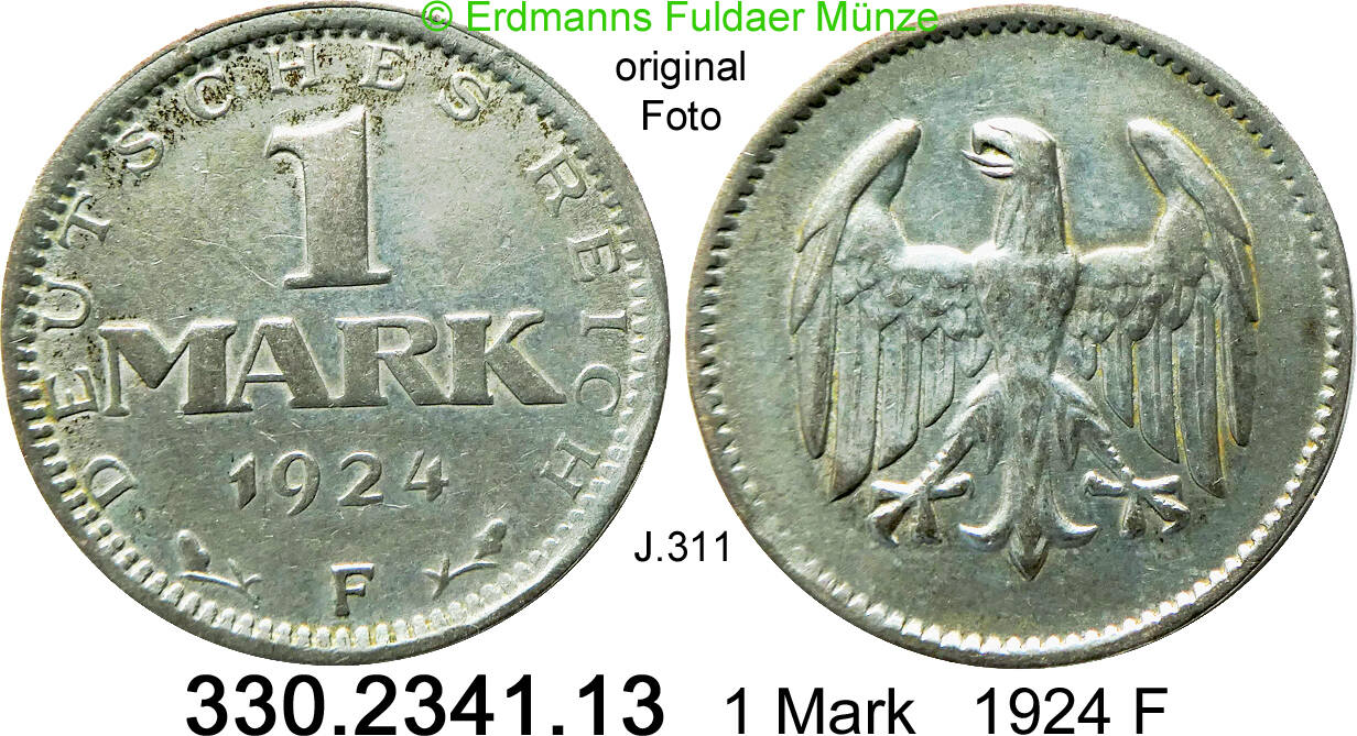 Deutschland Weimarer Republik 1 Mark (Rentenmark) 1924F 1924 F. . J.311 ...