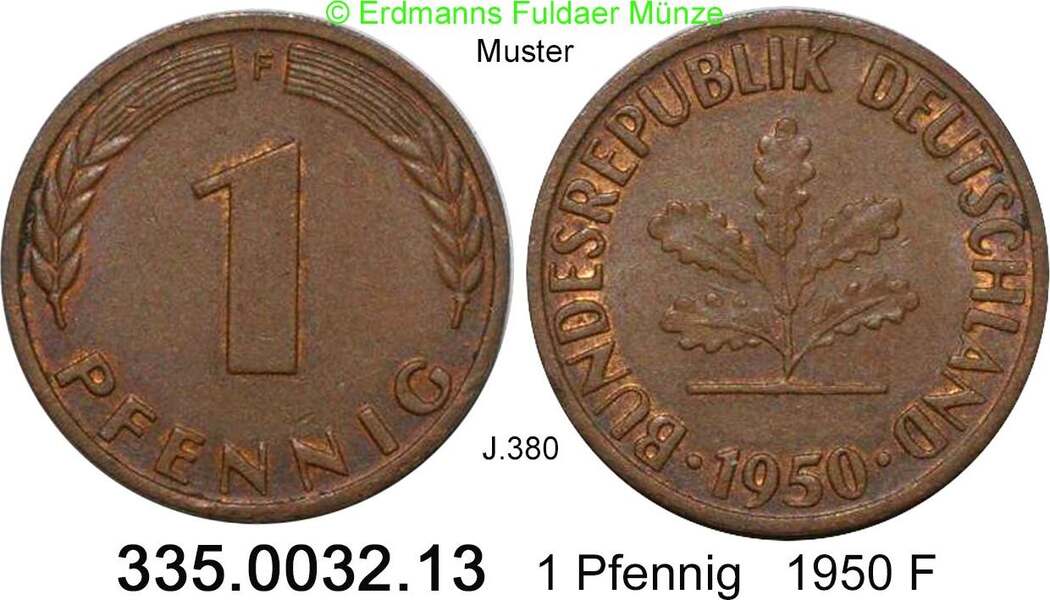 Deutschland BRD 1 Pfennig 1950F. . J.380. 335.0032.13 ss | MA-Shops