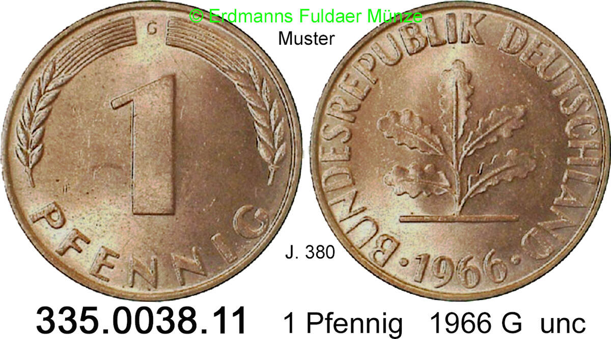 Deutschland BRD 1 Pfennig 1966G. . J.380. 335.0038.11 unc | MA-Shops