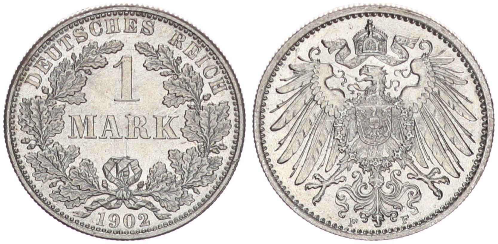 Deutsches Kaiserreich 1 Mark 1902 F Reichsmark Silber Kursmünze f.st ...