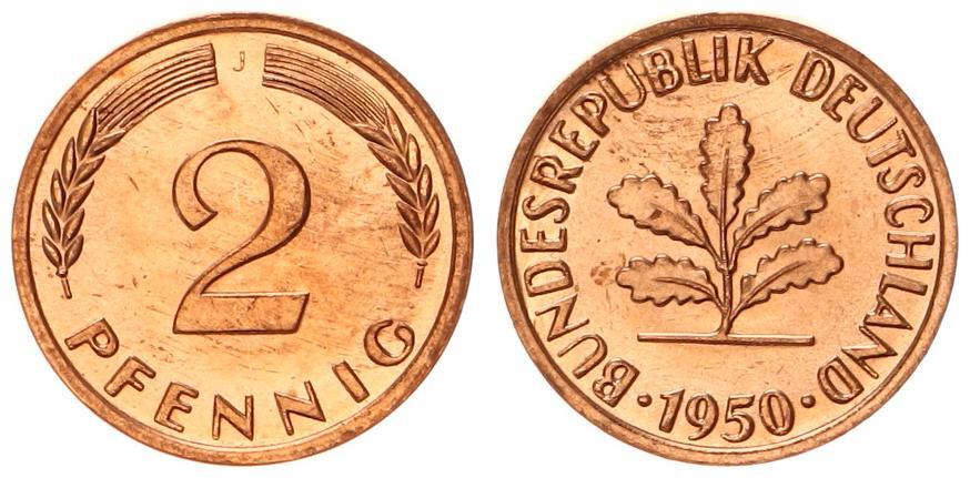 Deutschland BRD 2 Pfennig 1950 J prfr. * seltene Erhaltung prägefrisch ...