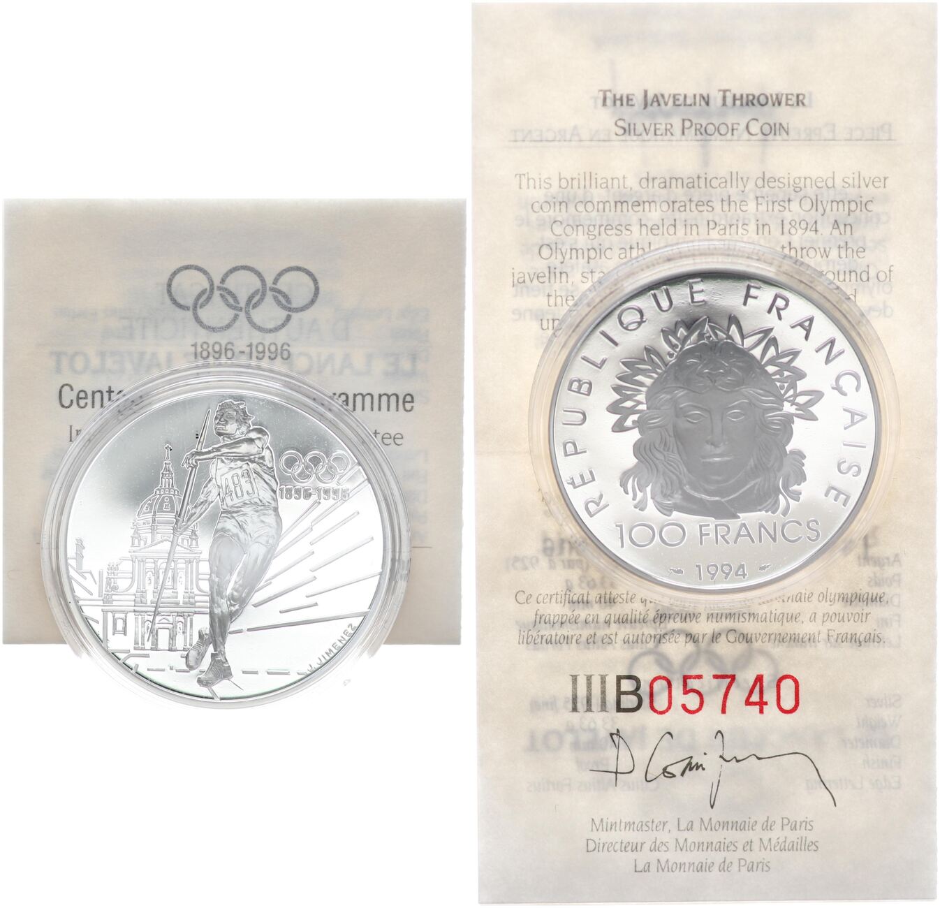 Frankreich 100 Francs 1994 Olympiade - 1 Unze fein PP in Schatulle mit ...