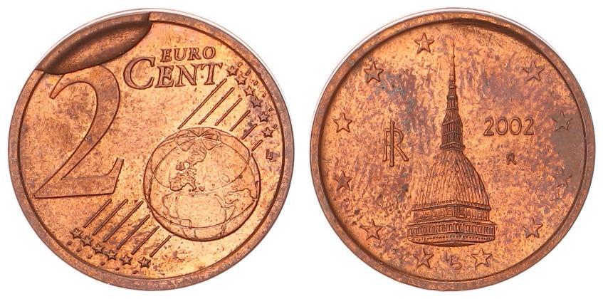 Italien 2 Cent 2002 Fehlprägung, starker Stempelausbruch Wertseite ...