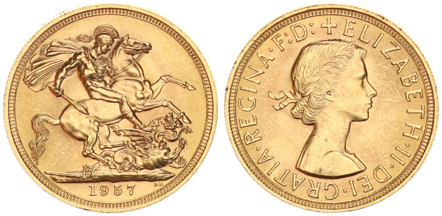 Großbritannien 1 Sovereign 1957 GB - Königin Elisabeth II. prägefrisch ...