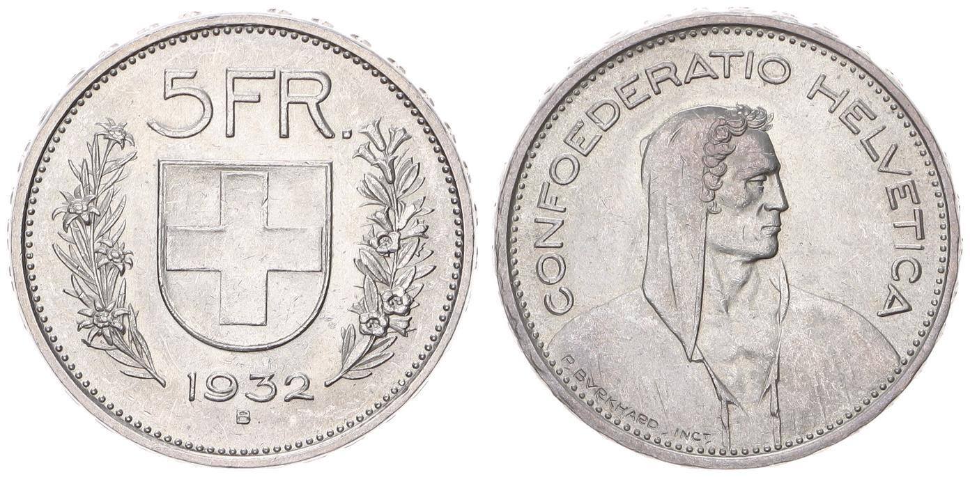 Schweiz 5 Franken 1932 B Silber vz-st | MA-Shops