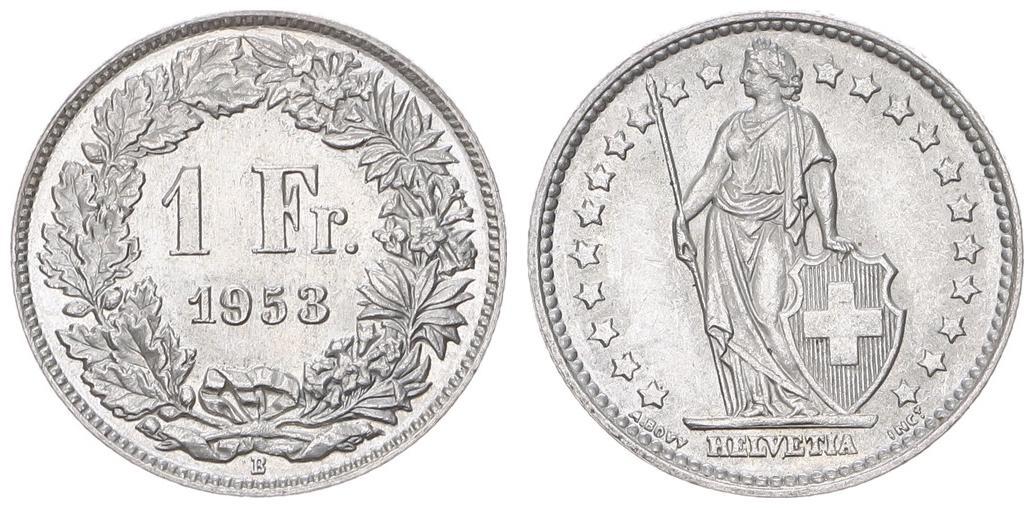 Schweiz 1 Franken 1953 B Silber prägefrisch-Stempelglanz | MA-Shops