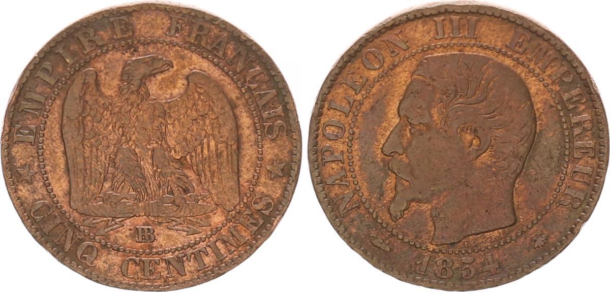 1854 BB Frankreich, Napoleon III, 5 Centimes, 1854,BB, Straßburg ss ...
