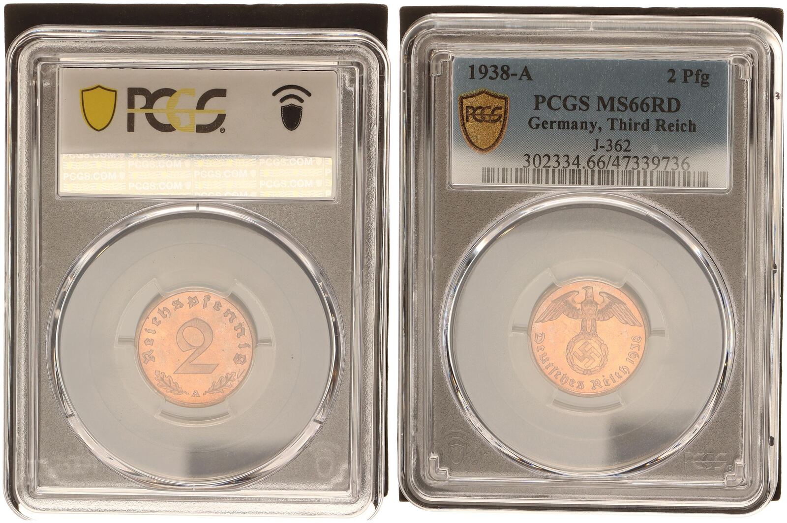 Deutschland - Drittes Reich 2 Pfennig 1938 A zertifiziert PCGS MS66RD ...
