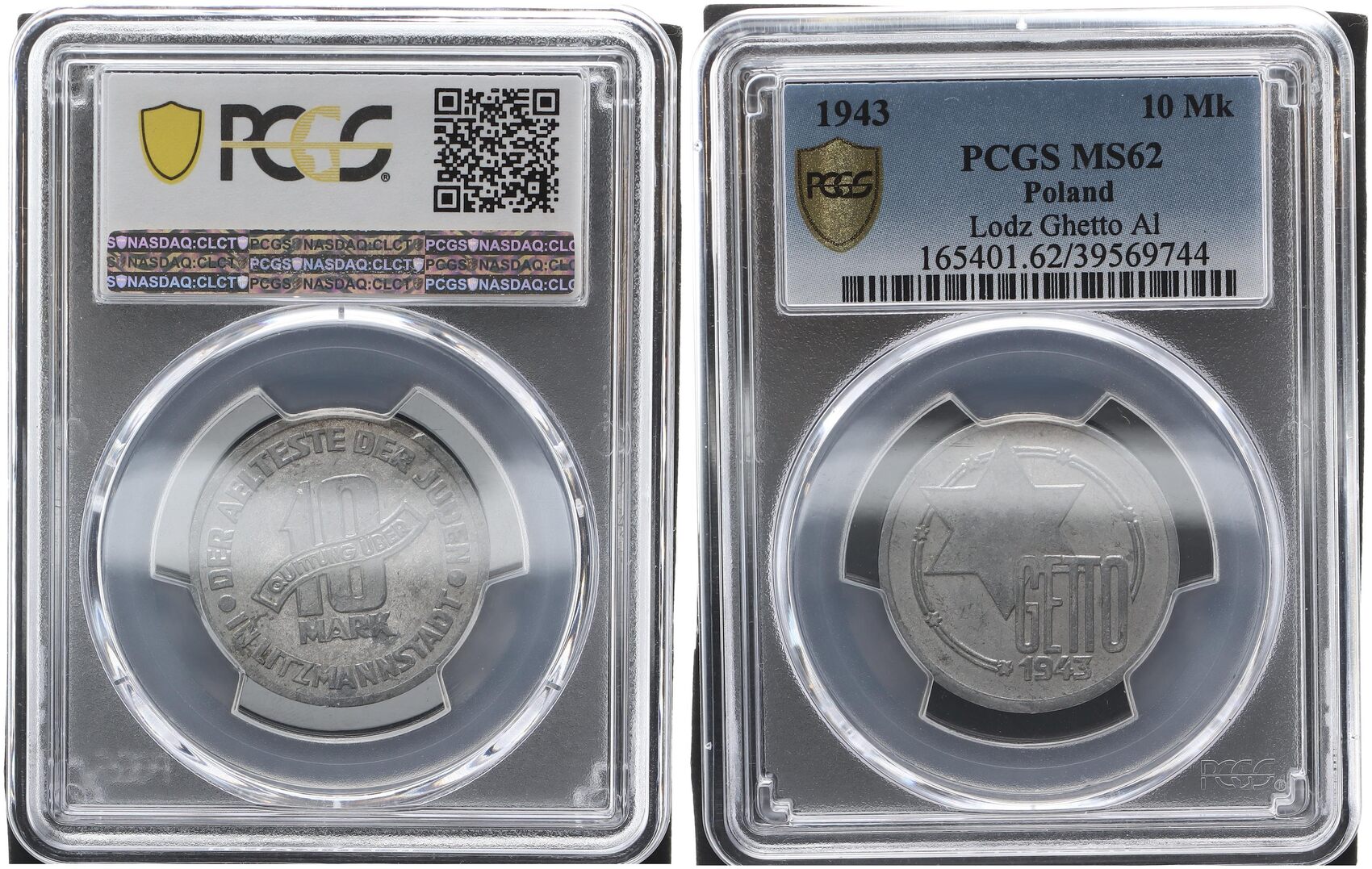 Deutschland / Polen 10 Mark 1943 Lodz - Getto Litzmannstadt zertifiziert PCGS MS62 - mit ...