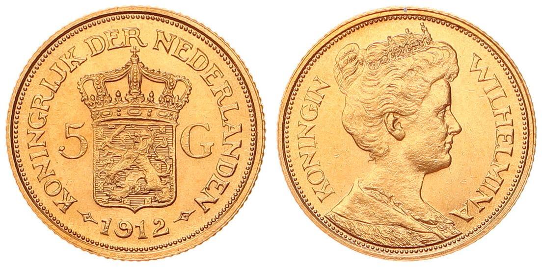Niederlande 5 Gulden 1912 Gold, Wilhelmina prägefrisch | MA-Shops