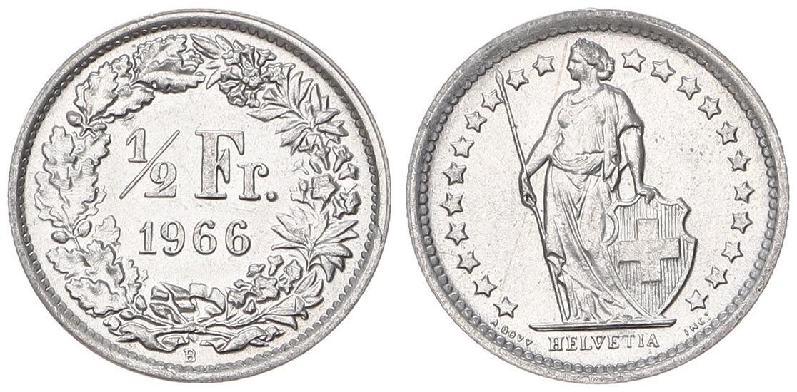 Schweiz 1/2 Franken 1966 B Silber prägefrisch-Stempelglanz | MA-Shops