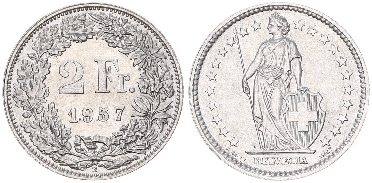 Schweiz 2 Franken 1957 B Silber prägefrisch | MA-Shops