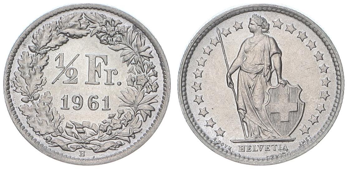 Schweiz 1/2 Franken 1961 B Silber prägefrisch-Stempelglanz | MA-Shops