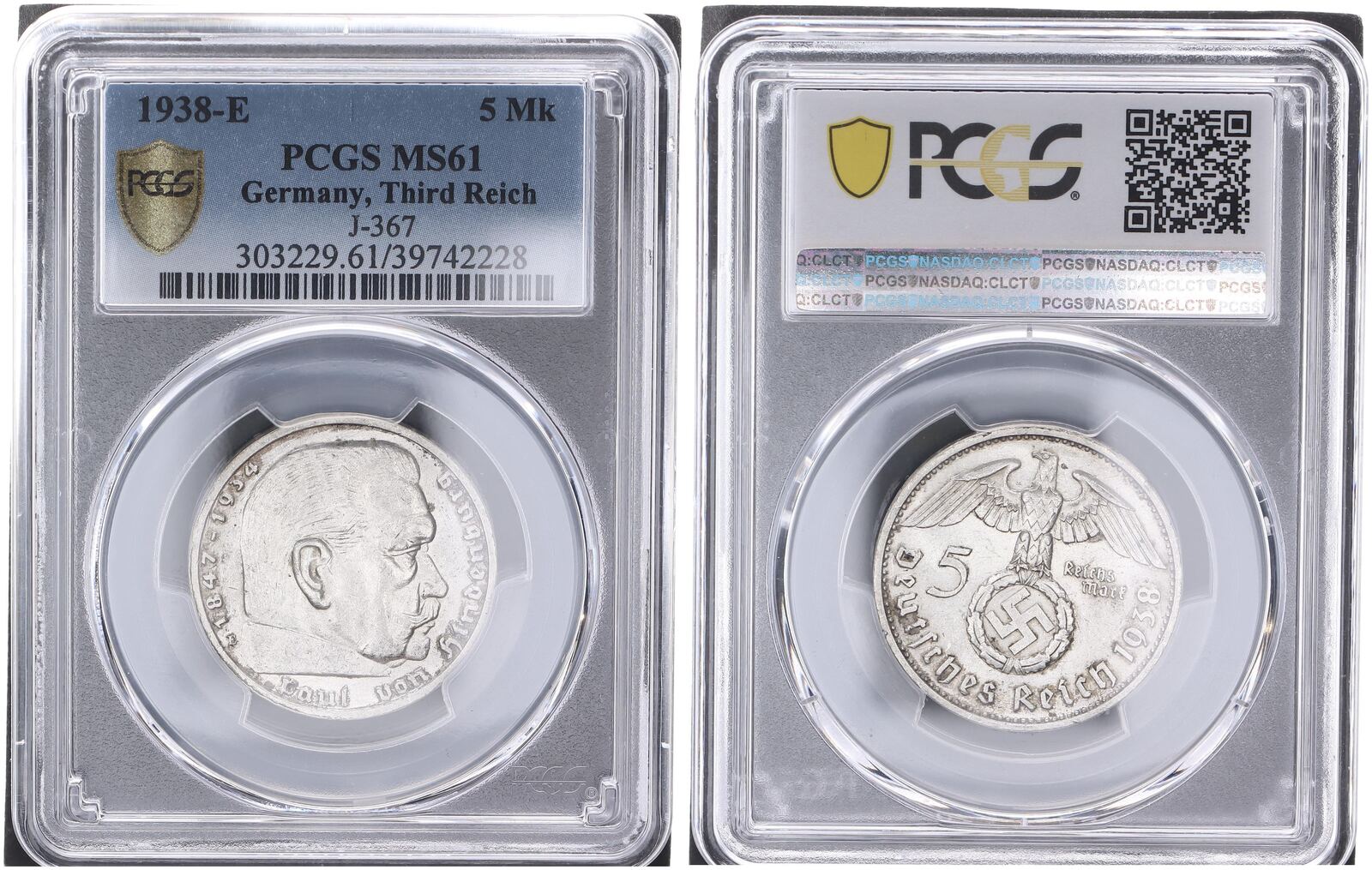 Germany, 3. Reich 5 Mark 1938-E Hindenburg PCGS MS61 | MA-Shops