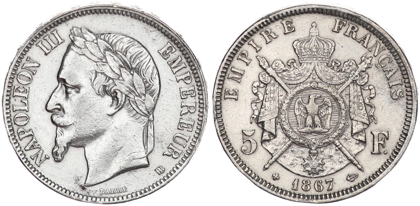 Frankreich 5 Franc 1867 BB Königreich - Strassburg- Napoleon III ss ...