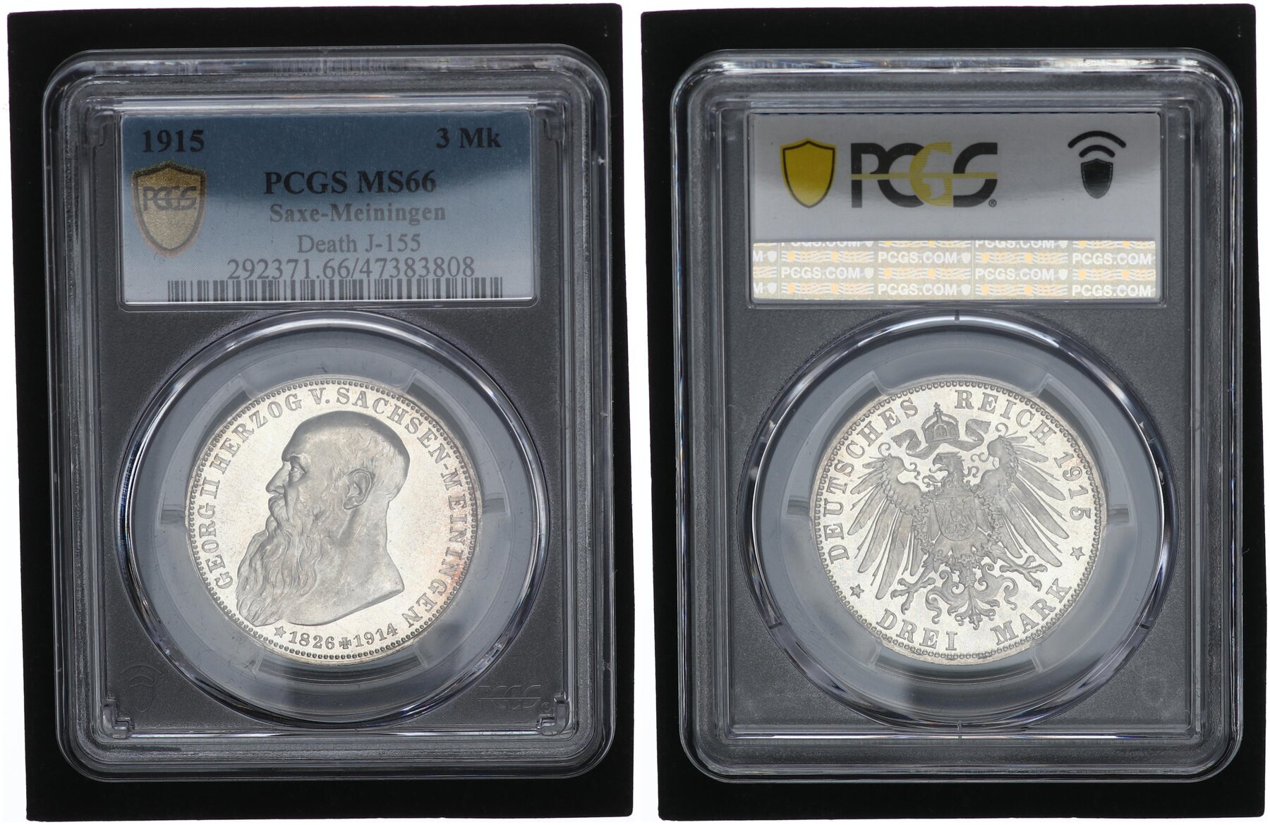 Sachsen Meiningen 3 Mark 1915 Georg II - auf seinen Tod - zertifiziert PCGS MS66 | MA-Shops