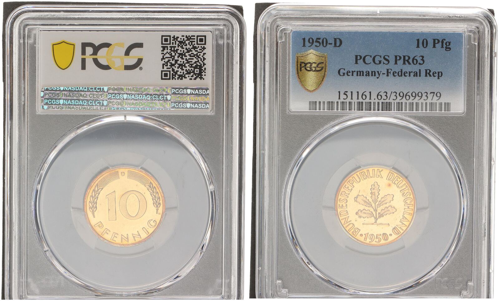 Deutschland - BRD 10 Pfennig 1950 D PCGS zertifiziert PCGS PR63 - Polierte Platte | MA-Shops