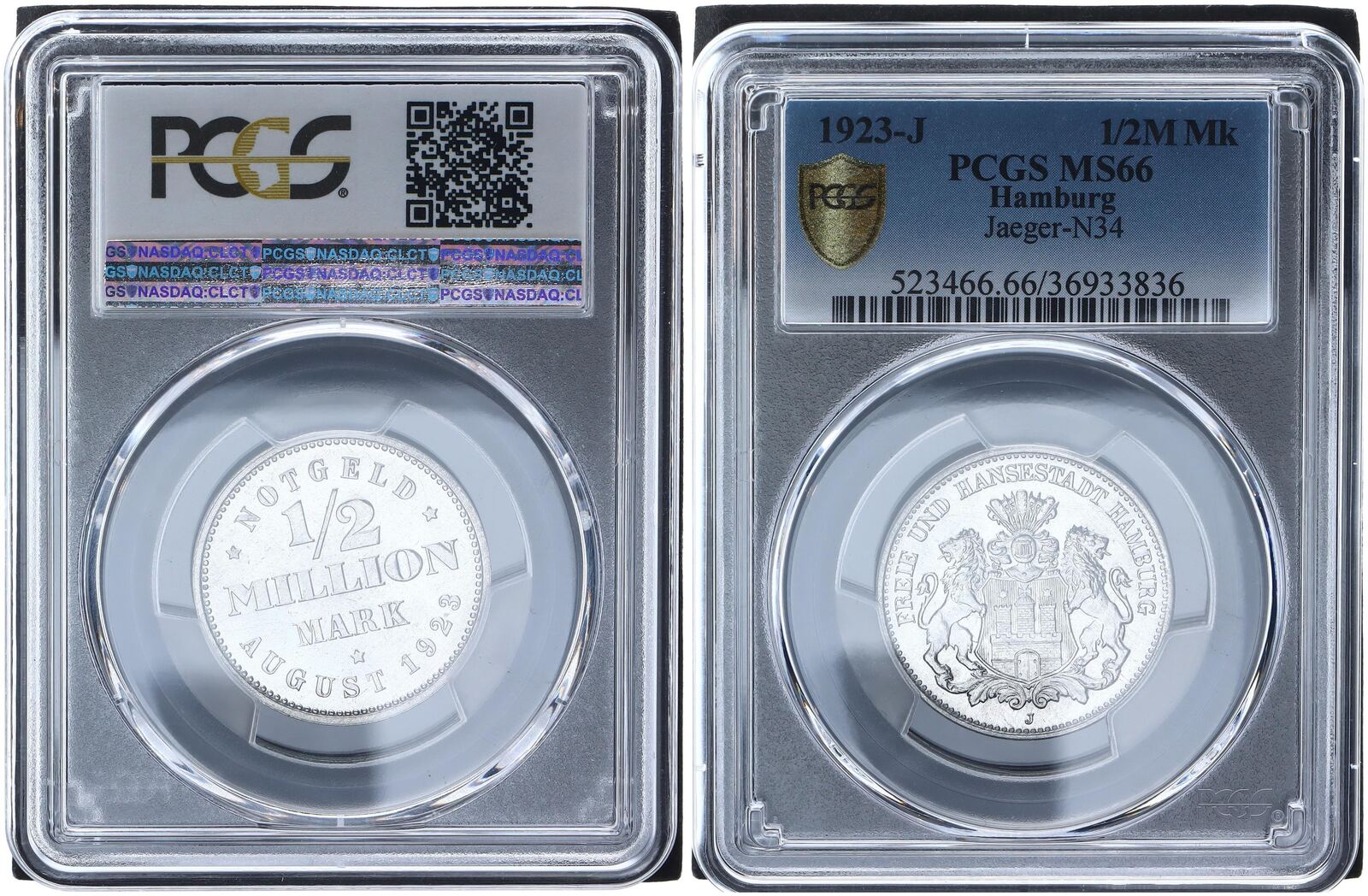 Hamburg-Stadt 1/2Million Mark 1923-J PCGS zertifiziert PCGS MS66 Stempelglanz | MA-Shops