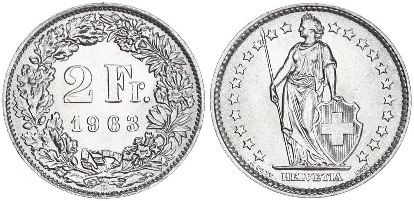 Schweiz 2 Franken 1963 B Helvetia prägefrisch-Stempelglanz | MA-Shops